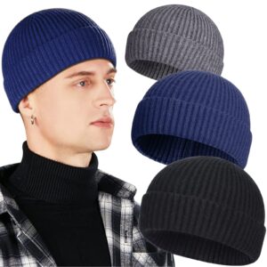 3 pack wool fisherman beanies for men, short knit watch cap cuffed trawler hats,c