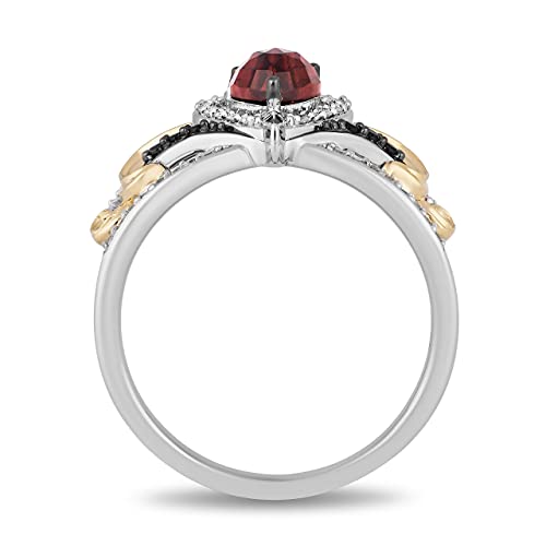 Jewelili Enchanted Disney Fine Jewelry 10K Yellow Gold and Sterling Silver with 1/5 Cttw Diamond and Red Garnet Evil Queen Ring