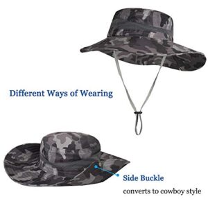 ZLYC Mens Waterproof Camo Sun Hat Wide Brim Packable Outdoor Mesh Fishing Bucket Hats (Camo Black)