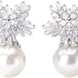 Silver Zirconia Earrings with White Pearl Style Stone - Soho Jewelry - Accessory for Women - Includes Gift Box