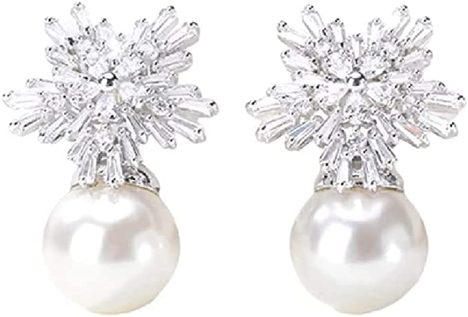 Silver Zirconia Earrings with White Pearl Style Stone - Soho Jewelry - Accessory for Women - Includes Gift Box