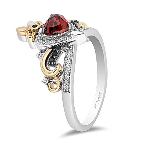 Jewelili Enchanted Disney Fine Jewelry 10K Yellow Gold and Sterling Silver with 1/5 Cttw Diamond and Red Garnet Evil Queen Ring