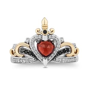 Jewelili Enchanted Disney Fine Jewelry 10K Yellow Gold and Sterling Silver with 1/5 Cttw Diamond and Red Garnet Evil Queen Ring