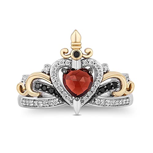 Jewelili Enchanted Disney Fine Jewelry 10K Yellow Gold and Sterling Silver with 1/5 Cttw Diamond and Red Garnet Evil Queen Ring