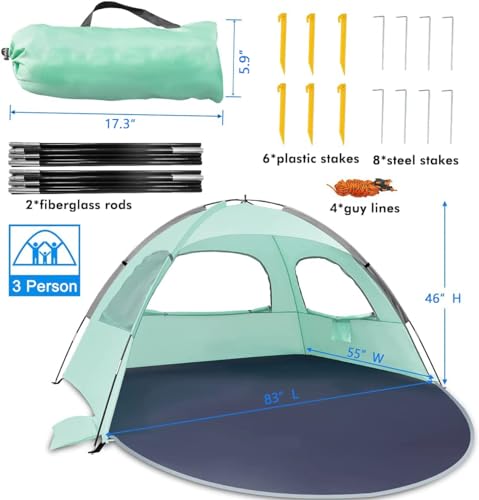 WhiteFang Beach Tent Anti-UV Portable Sun Shade Shelter for 3 Person, Extendable Floor with 3 Ventilating Mesh Windows Plus Carrying Bag, Stakes and Guy Lines (Mint Green)