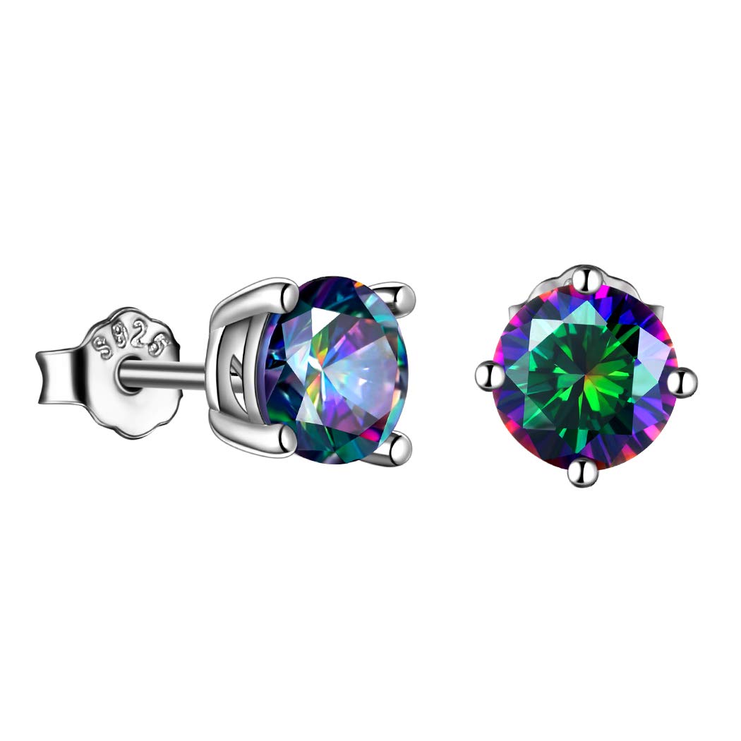 Rainbow Color Mystic Topaz Stud Earrings for Men 925 Sterling Silver Round Solitaire Magic Green Earrings for Women Statement Earrings Birthday Chrismtas Gifts for Women Wife Girlfriend FE0119M