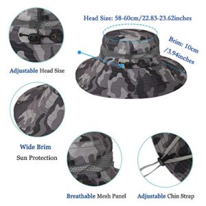 ZLYC Mens Waterproof Camo Sun Hat Wide Brim Packable Outdoor Mesh Fishing Bucket Hats (Camo Black)