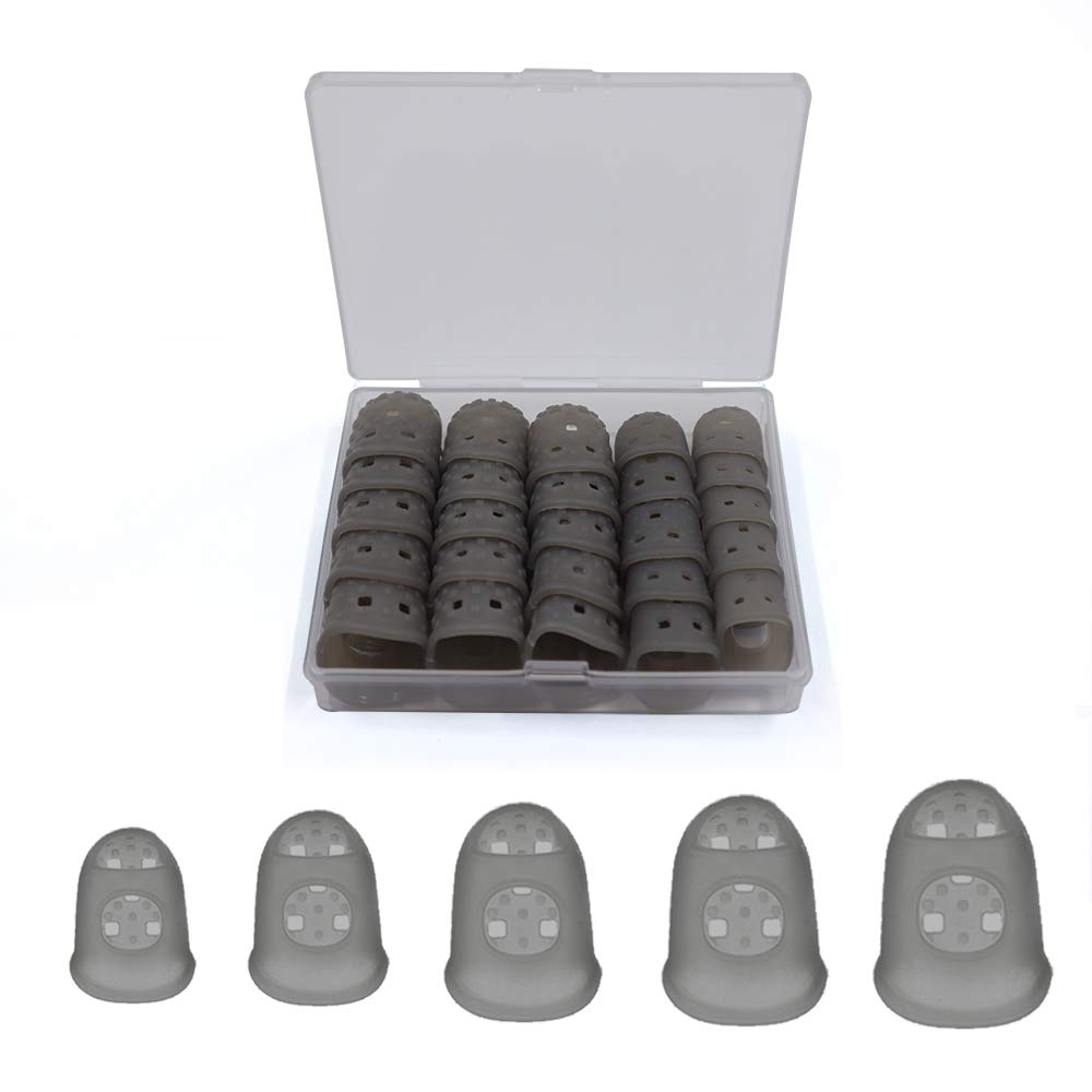 5 Sizes Guitar Fingertip Protector With Compact Box, Premium Silicone Guitar Finger Guards, Non-Slip Breathable Fingertip Protection Covers Caps for Guitar, Sewing, String Instruments (Grey)