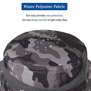 ZLYC Mens Waterproof Camo Sun Hat Wide Brim Packable Outdoor Mesh Fishing Bucket Hats (Camo Black)