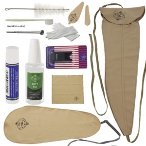 saxophone sax cleaning and maintenance cleaner care kit with key oil, cork grease, swab, cleaning cloth, thumb rest, mouthpiece brush, and more in khaki