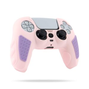 geekshare ps5 controller skin anti-slip silicone skin protective cover case for playstation 5 dualsense wireless controller smooth touching sense, pink & purple