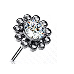 amelia fashion implant grade titanium threadless push in flower tops with center cz and surrounding ball cluster 14ga-20ga (choose color) (clear)