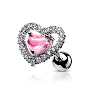 amelia fashion 16 gauge heart shaped micro cz and pink center cz cartilage barbell stud 316l surgical steel (pink/clear)