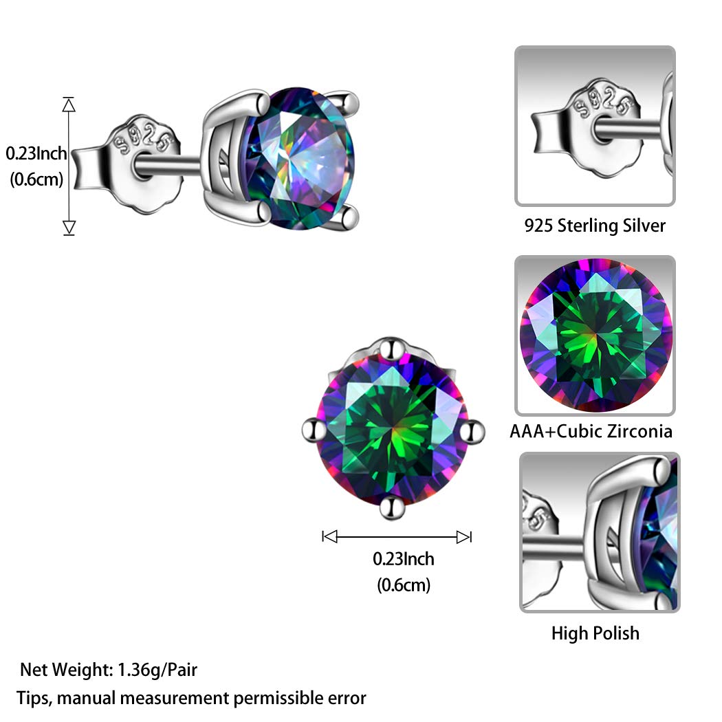 Rainbow Color Mystic Topaz Stud Earrings for Men 925 Sterling Silver Round Solitaire Magic Green Earrings for Women Statement Earrings Birthday Chrismtas Gifts for Women Wife Girlfriend FE0119M