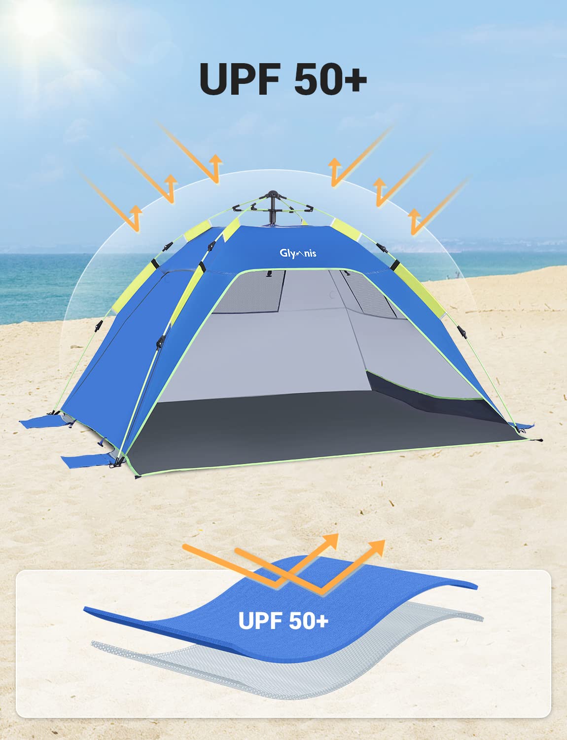 Glymnis Pop Up Beach Tent Sun Shade Shelter for 4 Person with UPF 50+ Easy Setup, 3 Ventilation Windows, Extended Floor Family Instant Beach Tent