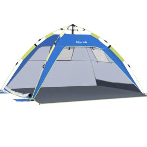 glymnis pop up beach tent sun shade shelter for 4 person with upf 50+ easy setup, 3 ventilation windows, extended floor family instant beach tent