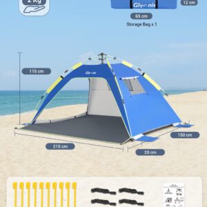 Glymnis Pop Up Beach Tent Sun Shade Shelter for 4 Person with UPF 50+ Easy Setup, 3 Ventilation Windows, Extended Floor Family Instant Beach Tent