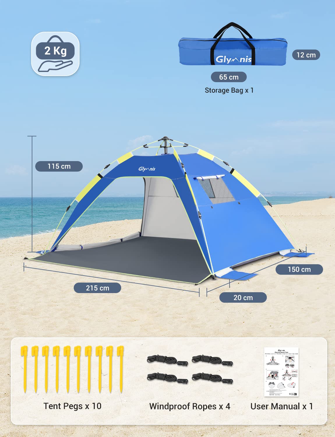 Glymnis Pop Up Beach Tent Sun Shade Shelter for 4 Person with UPF 50+ Easy Setup, 3 Ventilation Windows, Extended Floor Family Instant Beach Tent