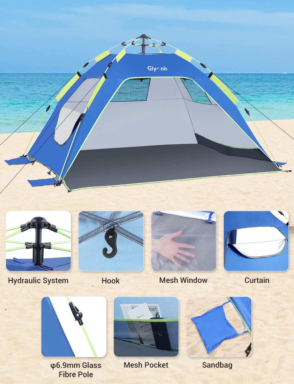 Glymnis Pop Up Beach Tent Sun Shade Shelter for 4 Person with UPF 50+ Easy Setup, 3 Ventilation Windows, Extended Floor Family Instant Beach Tent