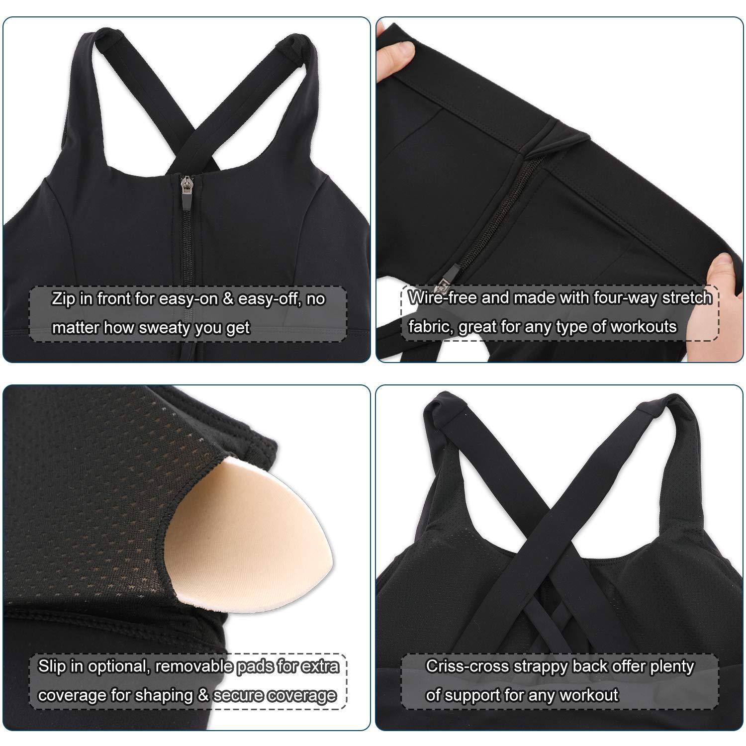 Cordaw Zipper in Front Sports Bra High Impact Strappy Back Support Workout Top, Black Medium