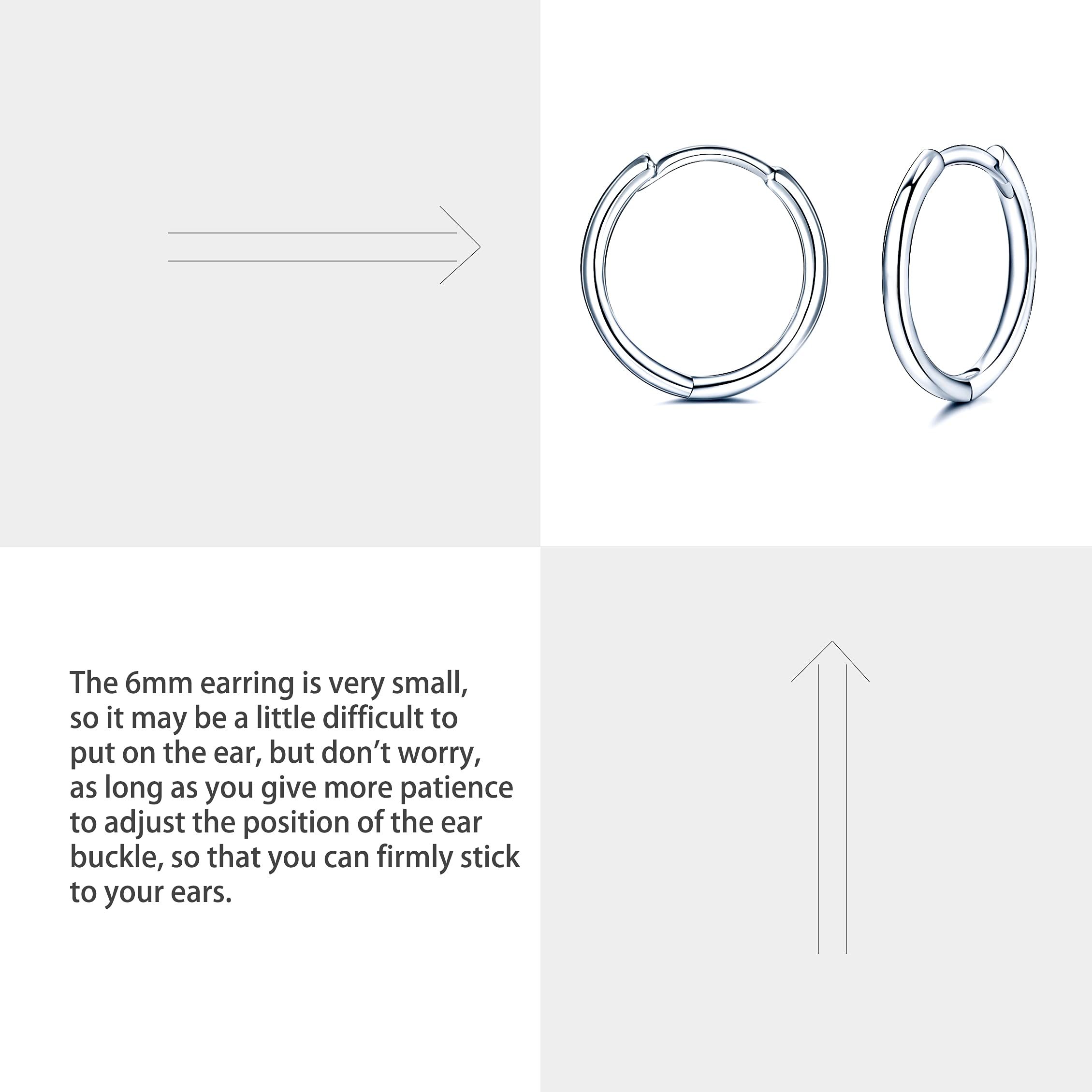 925 Sterling Silver Small Hoop Earrings - 14K White Gold Plated Silver Hoop Earrings | Tiny Endless Huggie Hoop Earring Cartilage Earrings for Women Men(3 pairs 6mm)