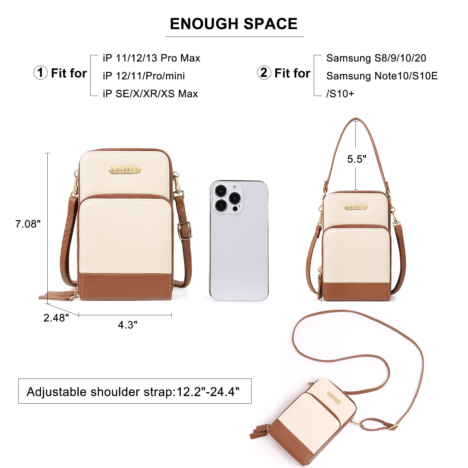 CLUCI Small Crossbody Bag for Women Leather Cellphone Shoulder Purses Fashion Travel Designer Wallet Beige with brown