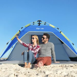 Glymnis Pop Up Beach Tent Sun Shade Shelter for 4 Person with UPF 50+ Easy Setup, 3 Ventilation Windows, Extended Floor Family Instant Beach Tent