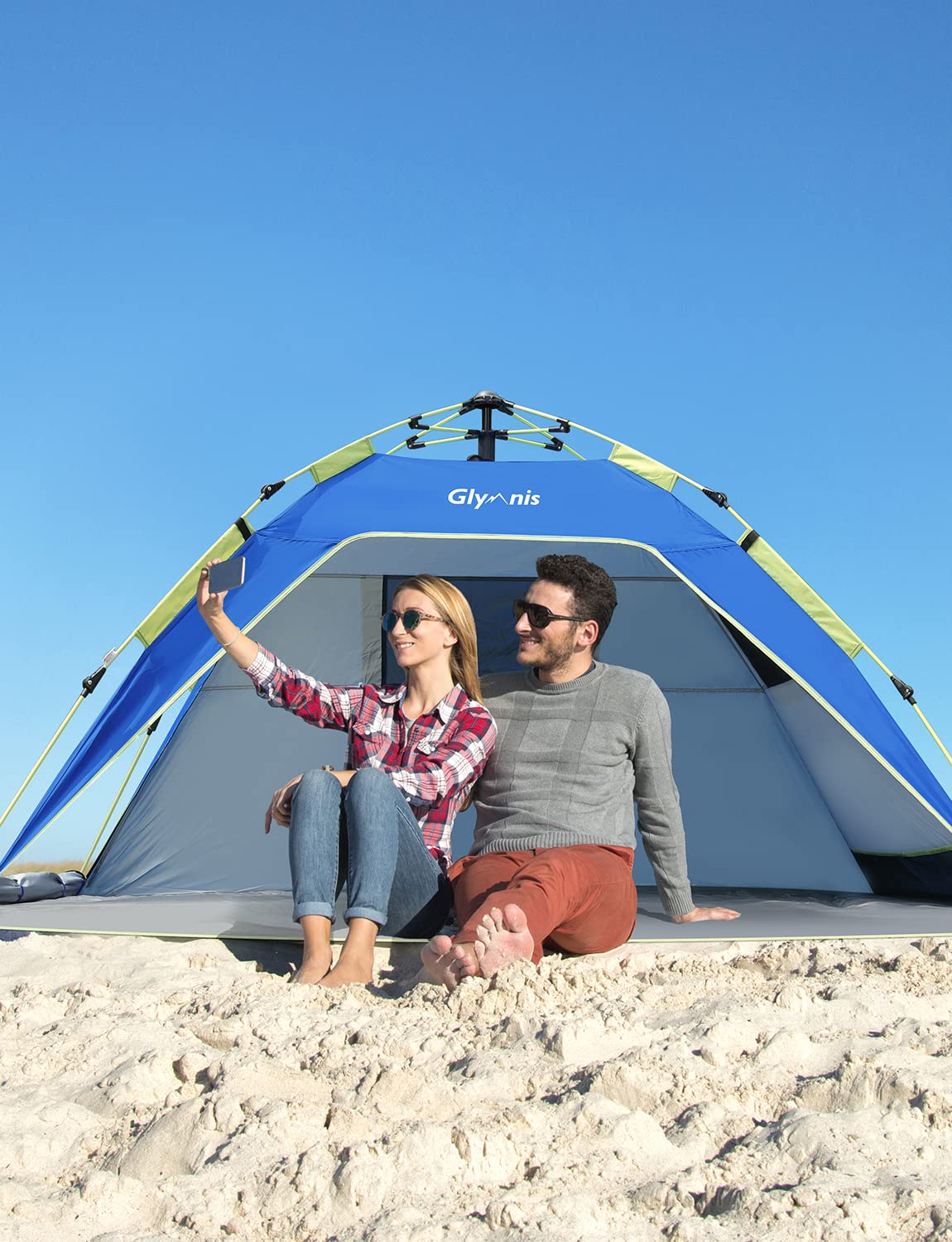 Glymnis Pop Up Beach Tent Sun Shade Shelter for 4 Person with UPF 50+ Easy Setup, 3 Ventilation Windows, Extended Floor Family Instant Beach Tent