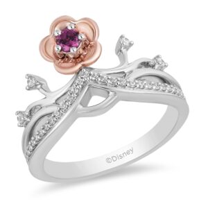 jewelili enchanted disney fine jewelry 14k rose gold over sterling silver 1/7 cttw diamond and rhodolite garnet mulan tiara ring size 9