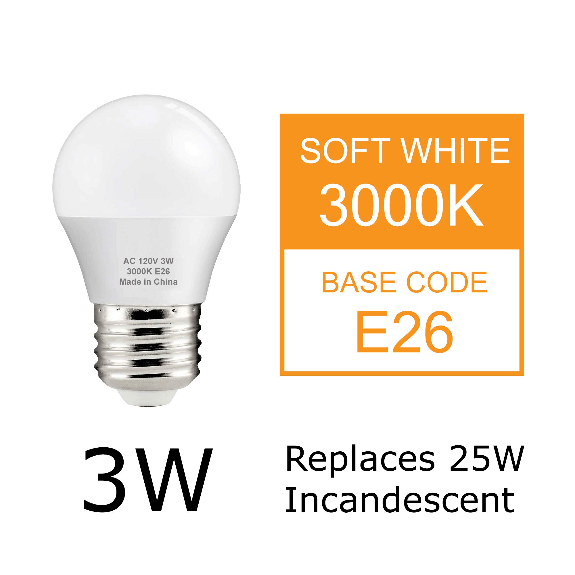 J.LUMI BPC4503 LED Light Bulbs 3W (25 Watt Equivalent), G40 Light Bulbs, 3000K Warm, E26 Base, LED Bulbs for Bed Side Lamps, Refrigerator, NOT DIMMABLE (Pack of 2)