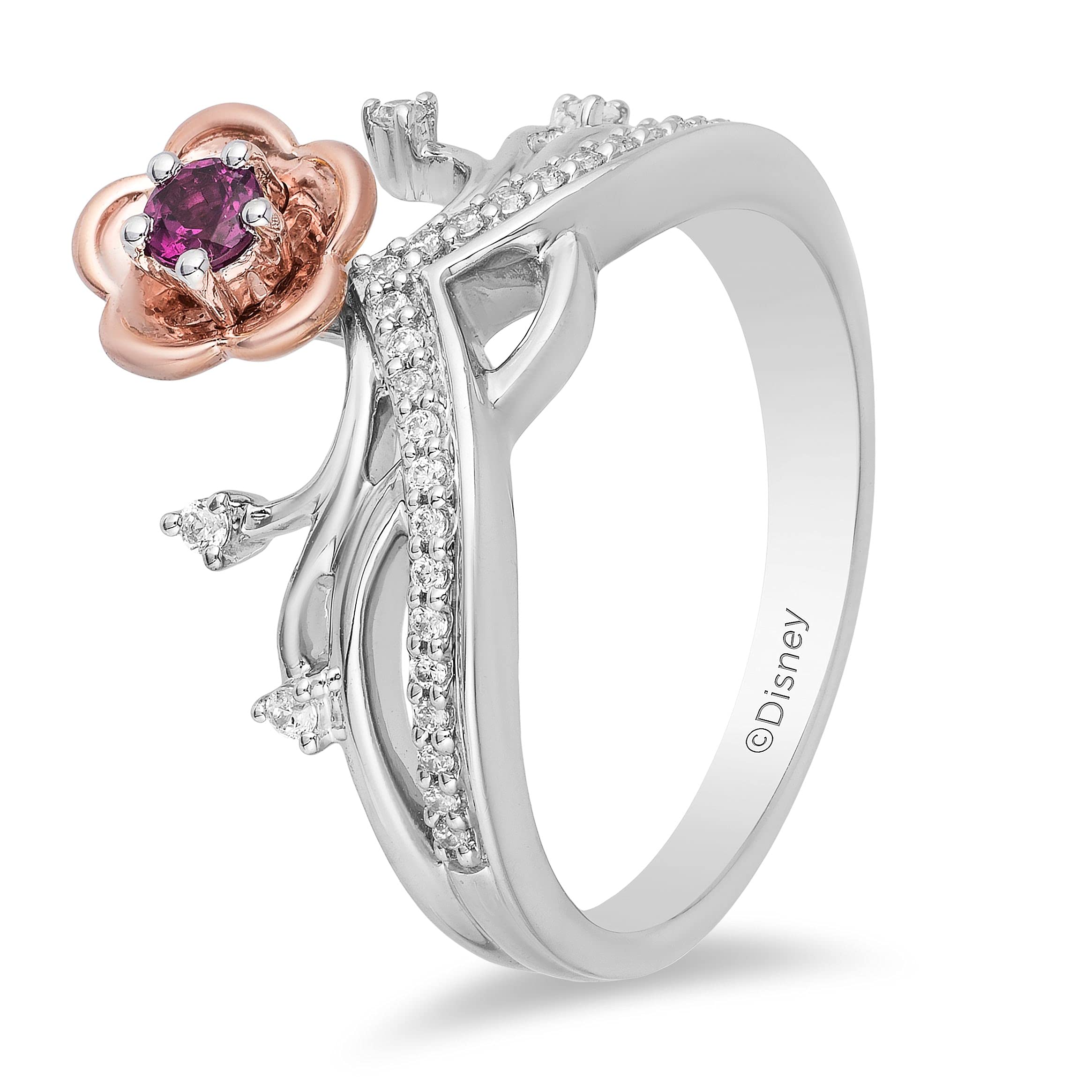 Jewelili Enchanted Disney Fine Jewelry 14K Rose Gold over Sterling Silver 1/7 CTTW Diamond and Rhodolite Garnet Mulan Tiara Ring Size 9