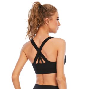 Cordaw Zipper in Front Sports Bra High Impact Strappy Back Support Workout Top, Black Medium