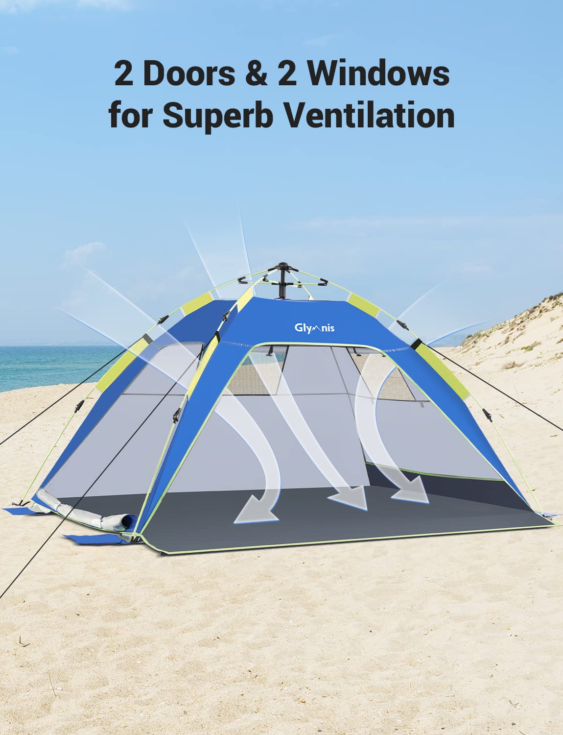 Glymnis Pop Up Beach Tent Sun Shade Shelter for 4 Person with UPF 50+ Easy Setup, 3 Ventilation Windows, Extended Floor Family Instant Beach Tent