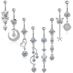 8 pieces 14g belly button rings steel long dangle navel ring cz body piercing jewelry (silver)