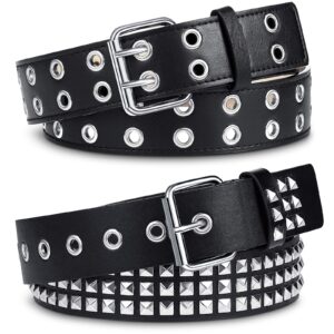 2 pcs rivet studded punk belt double grommet belt gothic belt for women men gift (black,no chain)