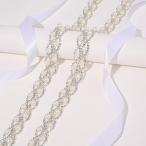 WEZTEZ Women's Crystal Wedding Sash Shining Pearls Bridal Belt Handmade Rhinestone Sash for Bride Bridesmaid Gowns (white ribbon)