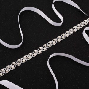 WEZTEZ Women's Crystal Wedding Sash Shining Pearls Bridal Belt Handmade Rhinestone Sash for Bride Bridesmaid Gowns (white ribbon)