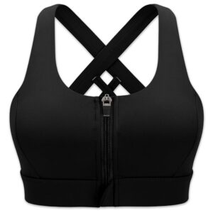 cordaw zipper in front sports bra high impact strappy back support workout top, black medium