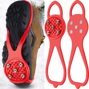 1 pair non slip gripper spikes claw universal ice non slip shoe spikes with 5 tooth steel nails for hiking mountaineering skiing walking shoes and boots (red)