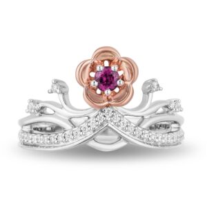 Jewelili Enchanted Disney Fine Jewelry 14K Rose Gold over Sterling Silver 1/7 CTTW Diamond and Rhodolite Garnet Mulan Tiara Ring Size 9