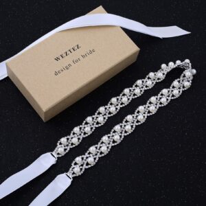 WEZTEZ Women's Crystal Wedding Sash Shining Pearls Bridal Belt Handmade Rhinestone Sash for Bride Bridesmaid Gowns (white ribbon)