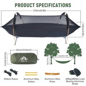 Night Cat Camping Hammock Tent with Mosquito Net and Rain Fly 1 Person Backpacking Bivvy Ground Tent with Tree Strap Swing Heavy Rain Waterproof Lightweight 440lbs