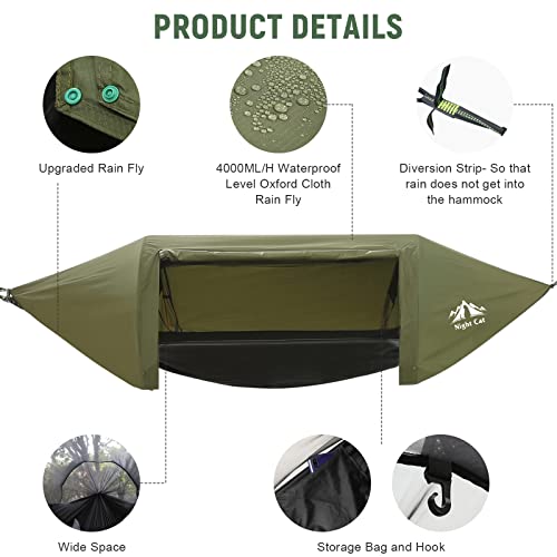 Night Cat Camping Hammock Tent with Mosquito Net and Rain Fly 1 Person Backpacking Bivvy Ground Tent with Tree Strap Swing Heavy Rain Waterproof Lightweight 440lbs