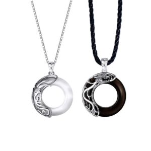 poceton matching necklaces for couples, 925 sterling silver obsidian pendant, antique dragon and phoenix pendant lovers jewelry valentine's day couple necklace gifts for him and her