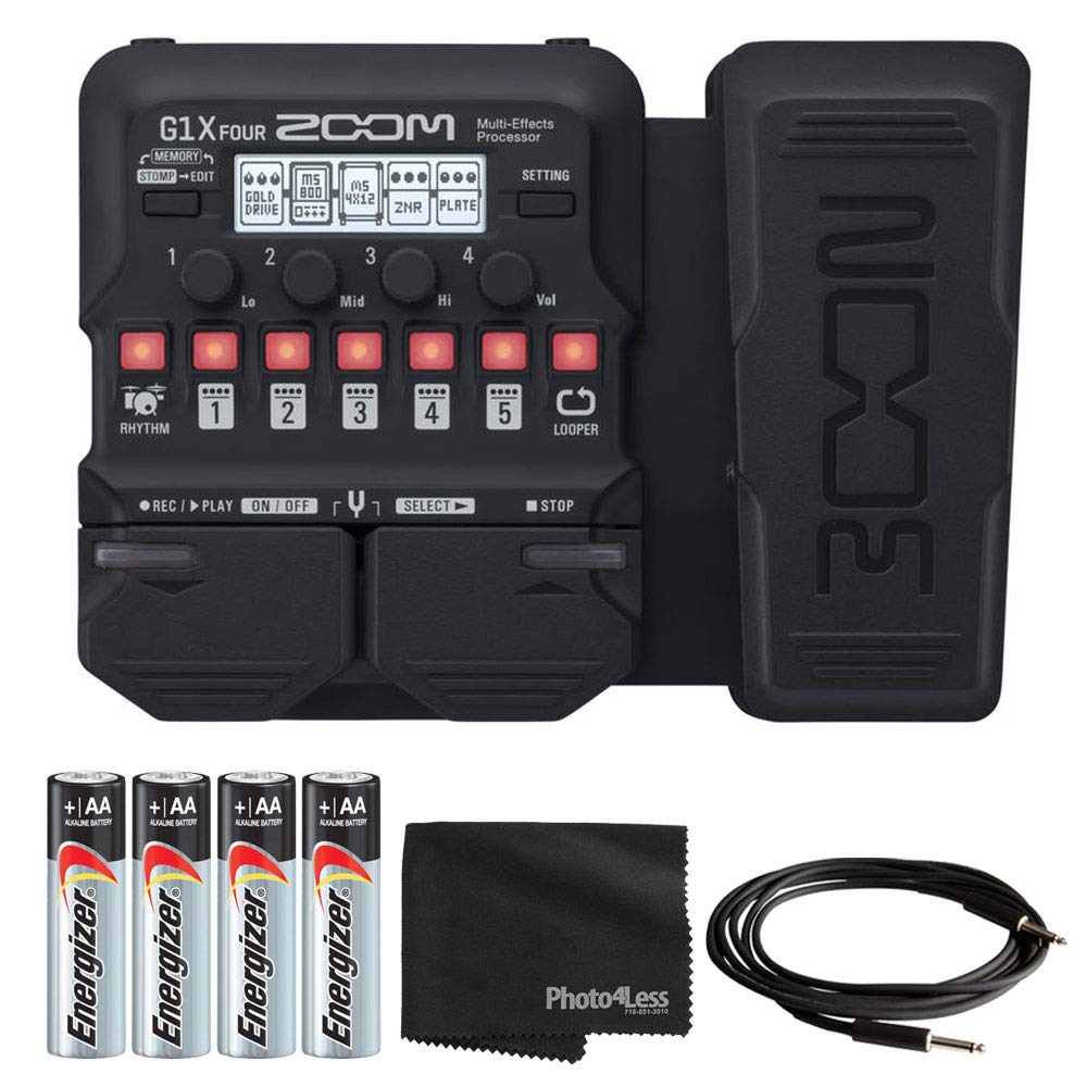 Zoom G1X Four Guitar Effects Processor with Built-In Expression Pedal - 70+ Built-in Effects, Amp Modeling, Looper, Rhythm Section, Tuner + 4x AA Batteries + Instrument Cable + Cleaning Cloth