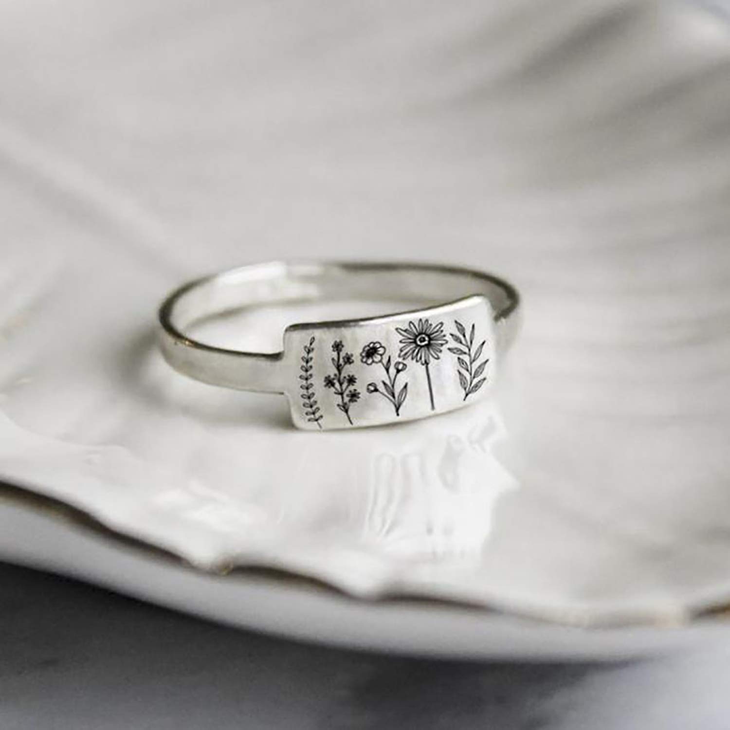 SIMONLY Wildflowers Ring for Women S925 Sterling Silver Wildflower Nature Ring Flower Jewelry (Style B, 8)