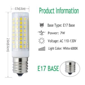 LTYY E17 LED Bulb,Dimmable 8W,80W Halogen Bulb Equivalent,800Lm,AC120V,E17 Bulb White 6000k,for Over Counter Microwave Ovens(Pack of 2)