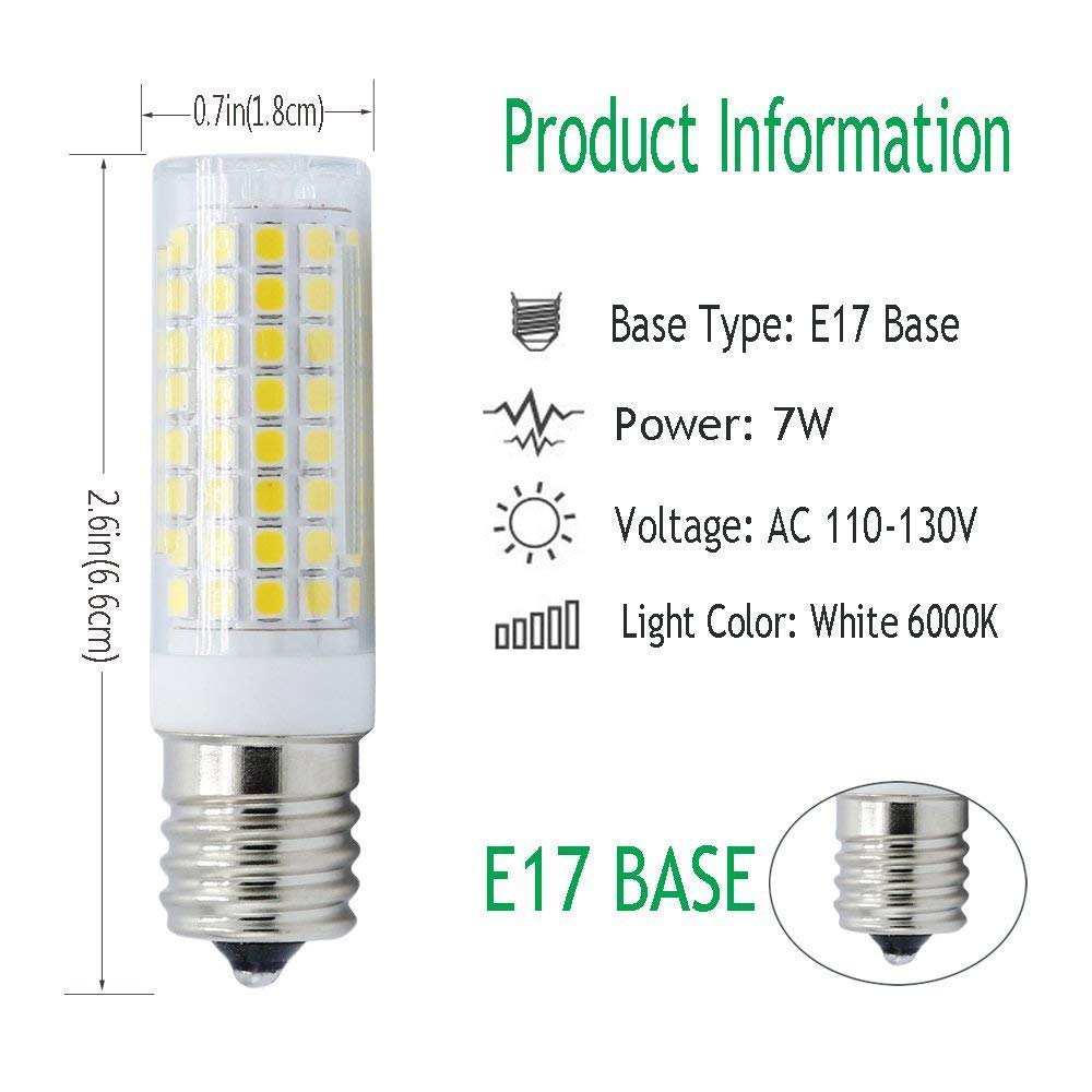 LTYY E17 LED Bulb,Dimmable 8W,80W Halogen Bulb Equivalent,800Lm,AC120V,E17 Bulb White 6000k,for Over Counter Microwave Ovens(Pack of 2)