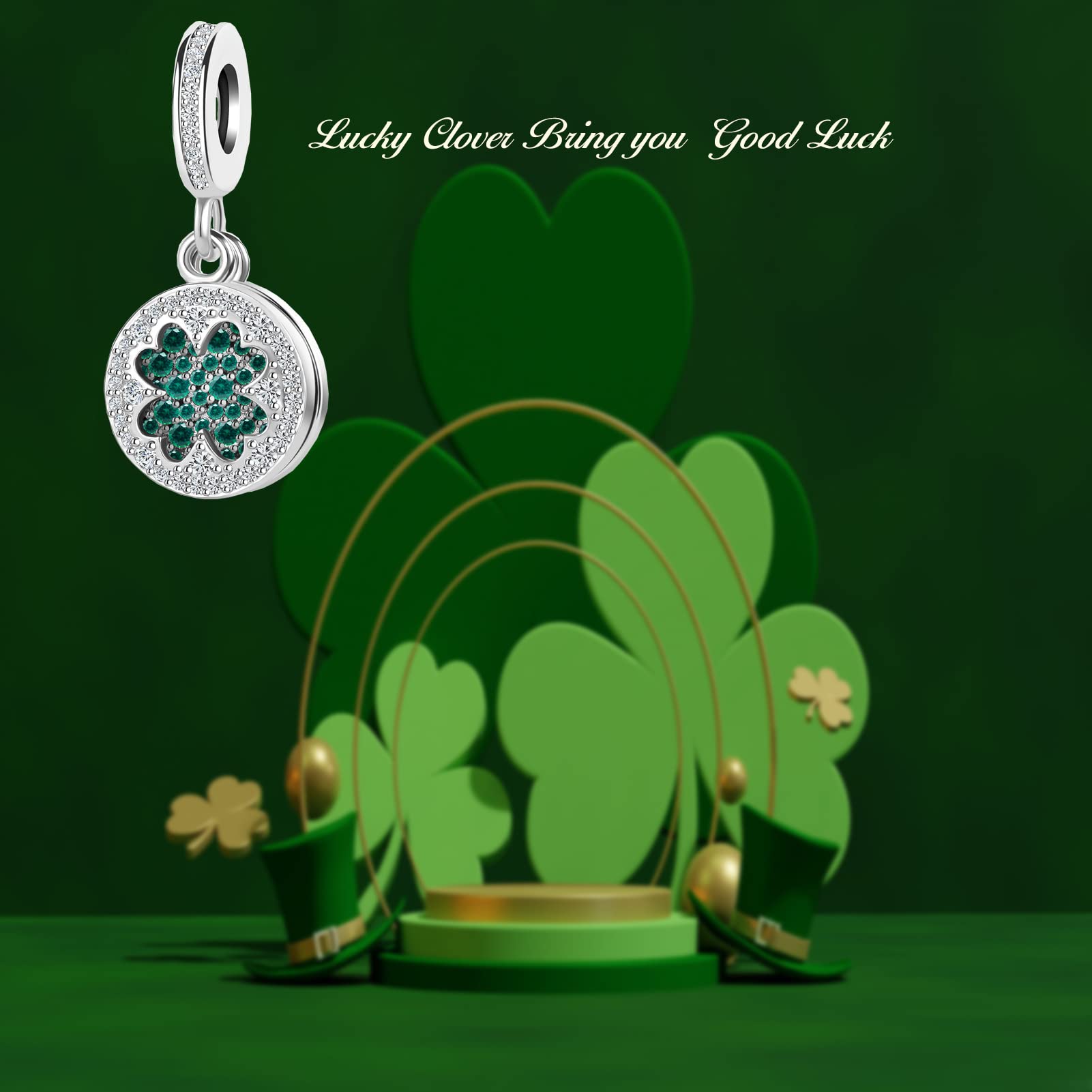 QeenseKc Lucky Four-Leaf Clover Dangle Charm St. Patrick's Day Crystal Bead for Pandora Charm Bracelet, Copper,Green