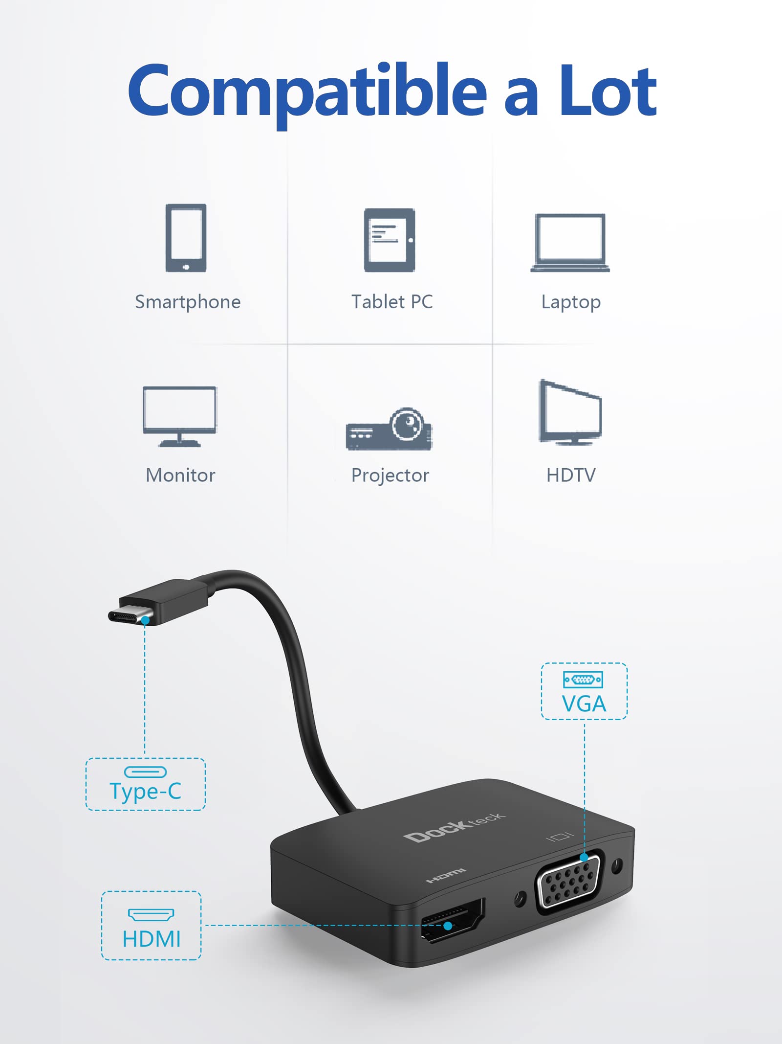 USB C to HDMI VGA Adapter, Dockteck 2 in 1 HDMI VGA Adapter, USBC VGA to HDMI for MacBook Pro/Air, iPad Pro, Chromebook, Surface Pro, Dell Xps, Galaxy